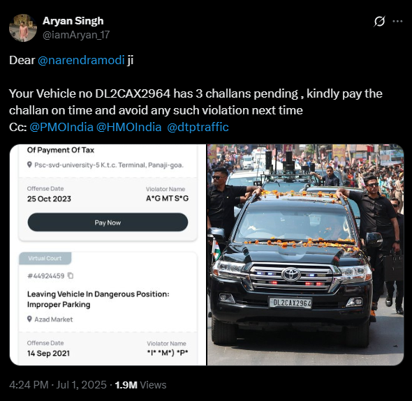 Viral Post Exposes PM Modi's Car Has Unpaid Challan - Will He Pay ...